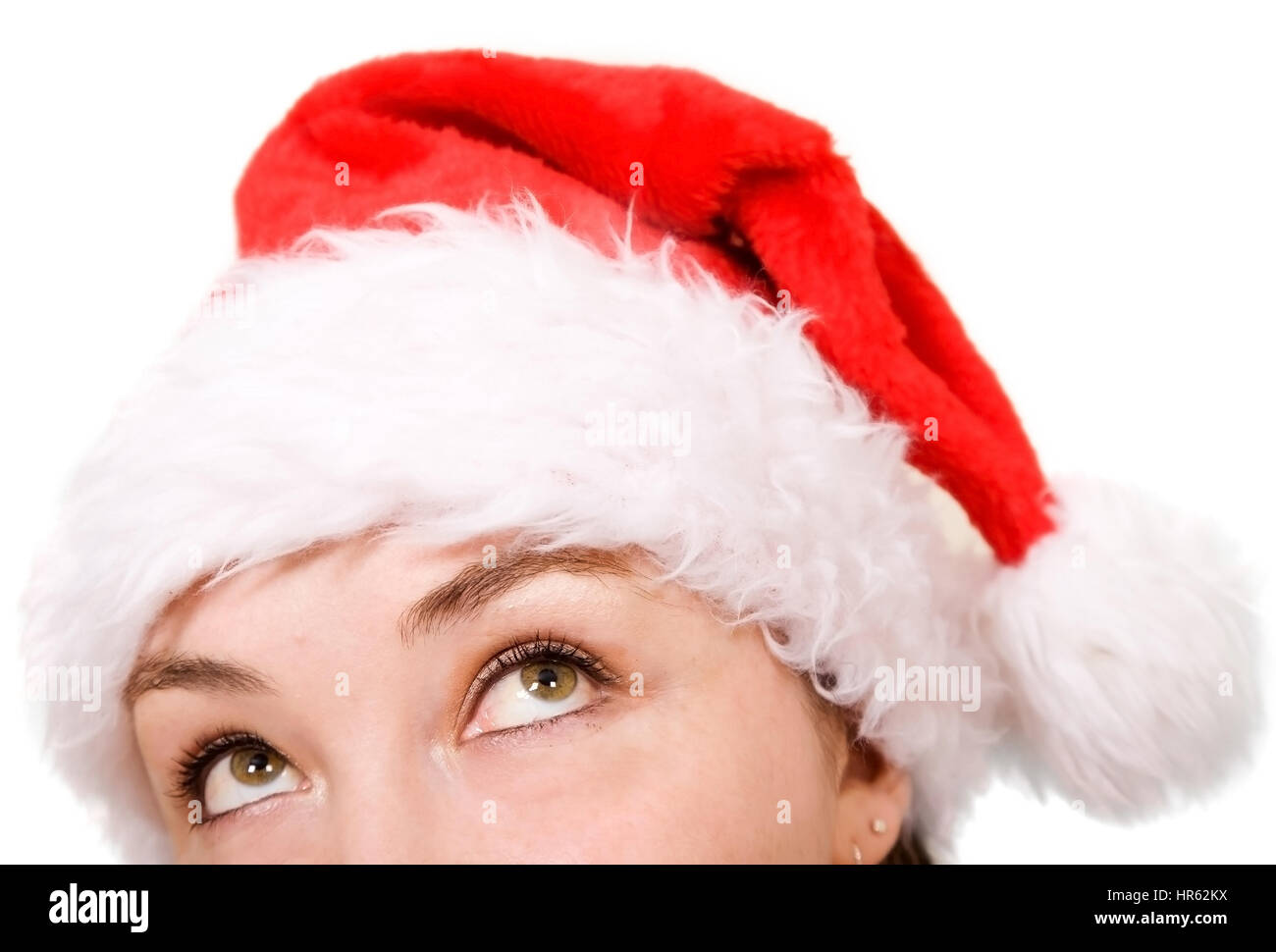 female santa looking up over a white background Stock Photo - Alamy