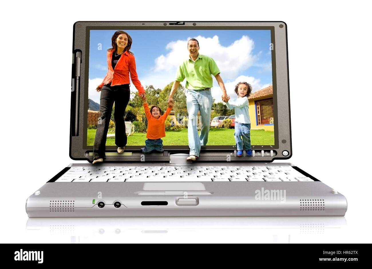 Happy family coming out of a laptop screen â€“ isolated over white ...