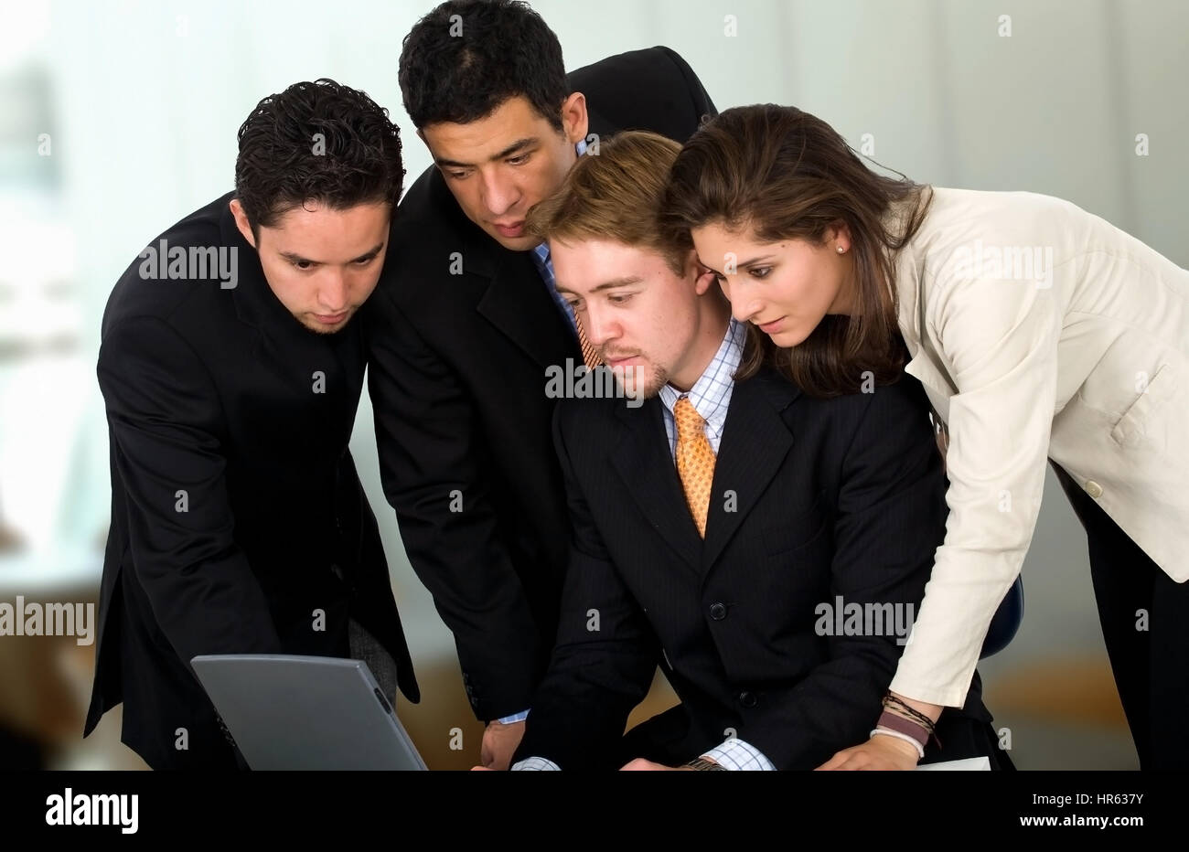 Business team in an office environment all wokring on a laptop computer ...