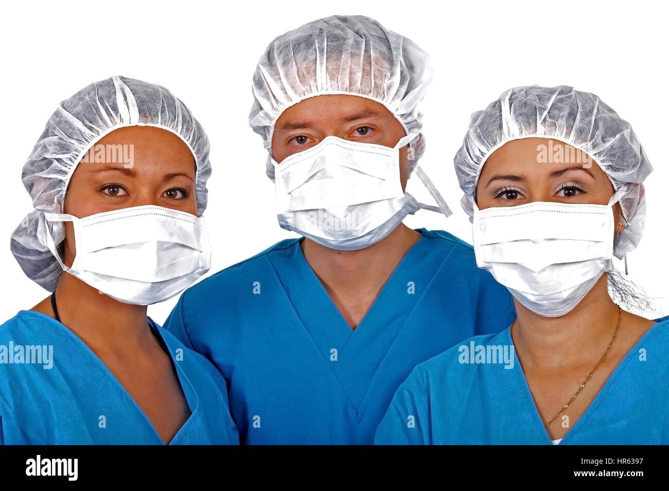 group of surgeons or nurses in blue over a white background Stock Photo ...