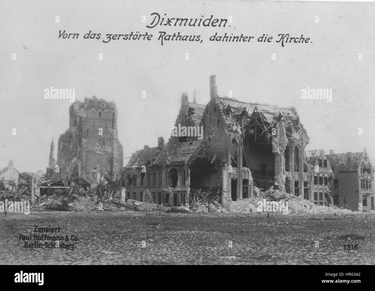 The destroyed city hall of Diksmuide, Belgium, during World War I ...