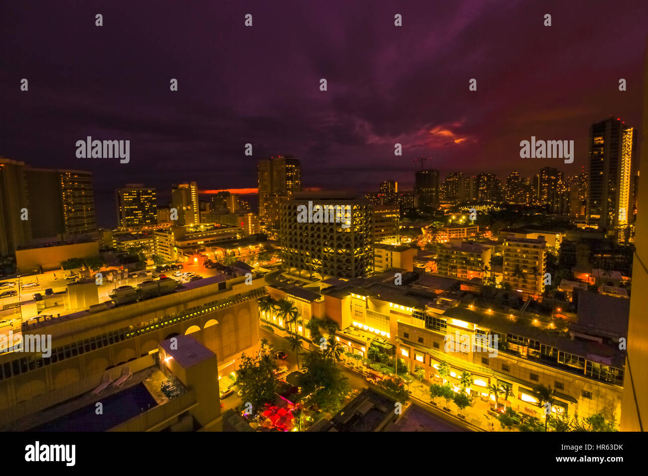 Night lights of Waikiki cityscape in Oahu island Hawaii, United States ...