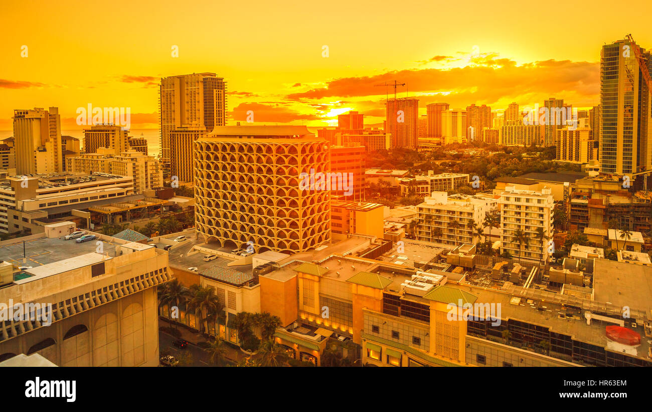Aerial view sunset of Waikiki skyline in Oahu island Hawaii, United ...