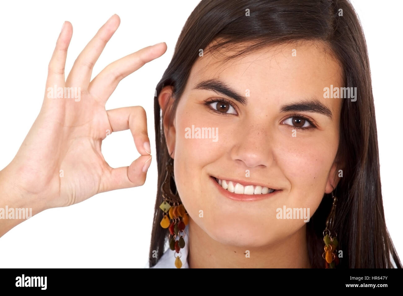 business woman doing the ok sign smiling - isolated over a white ...