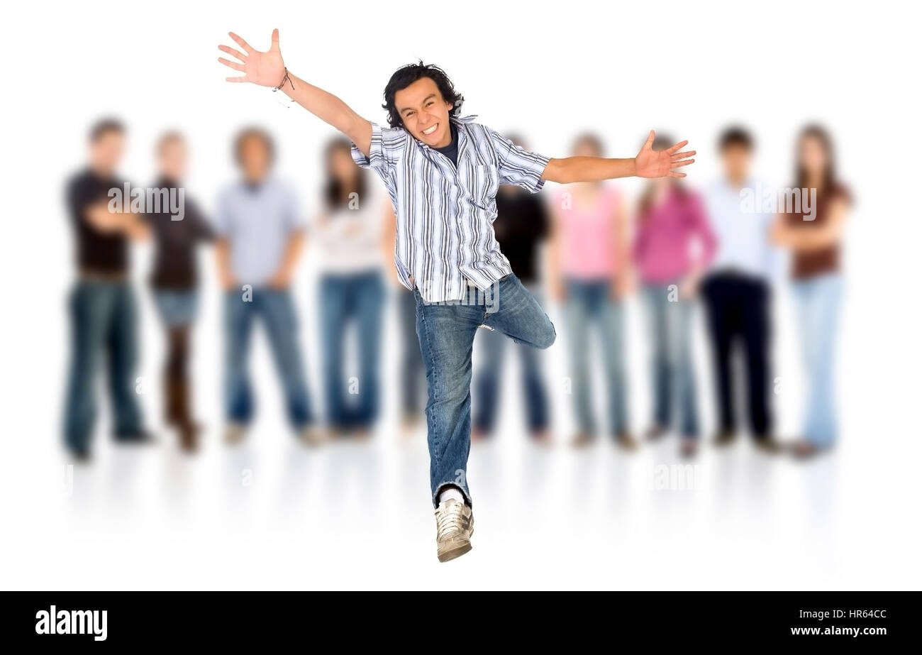 group of casual happy people smiling and standing isolated over a white ...
