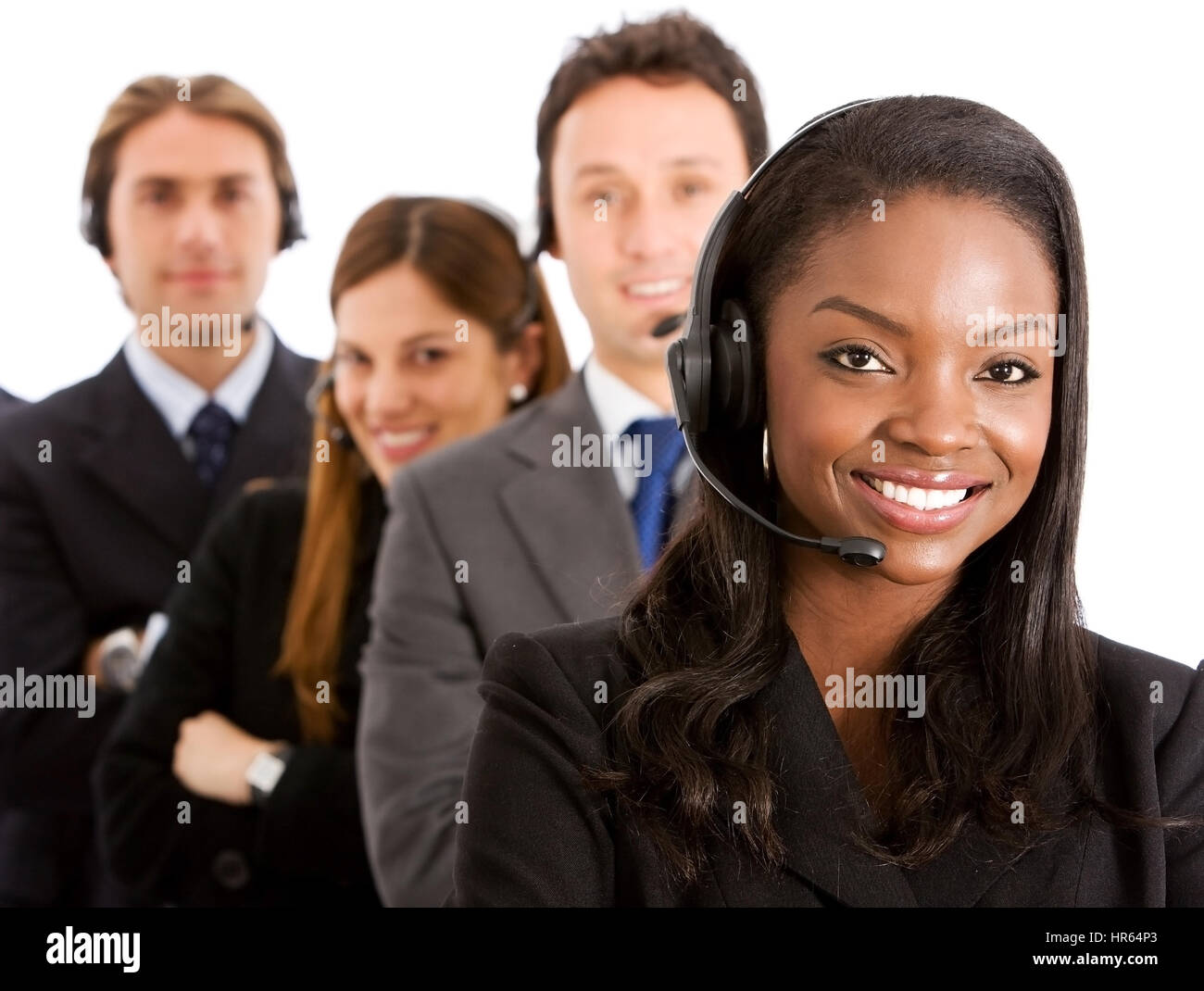 business customer support team with headsets isolated over a white ...