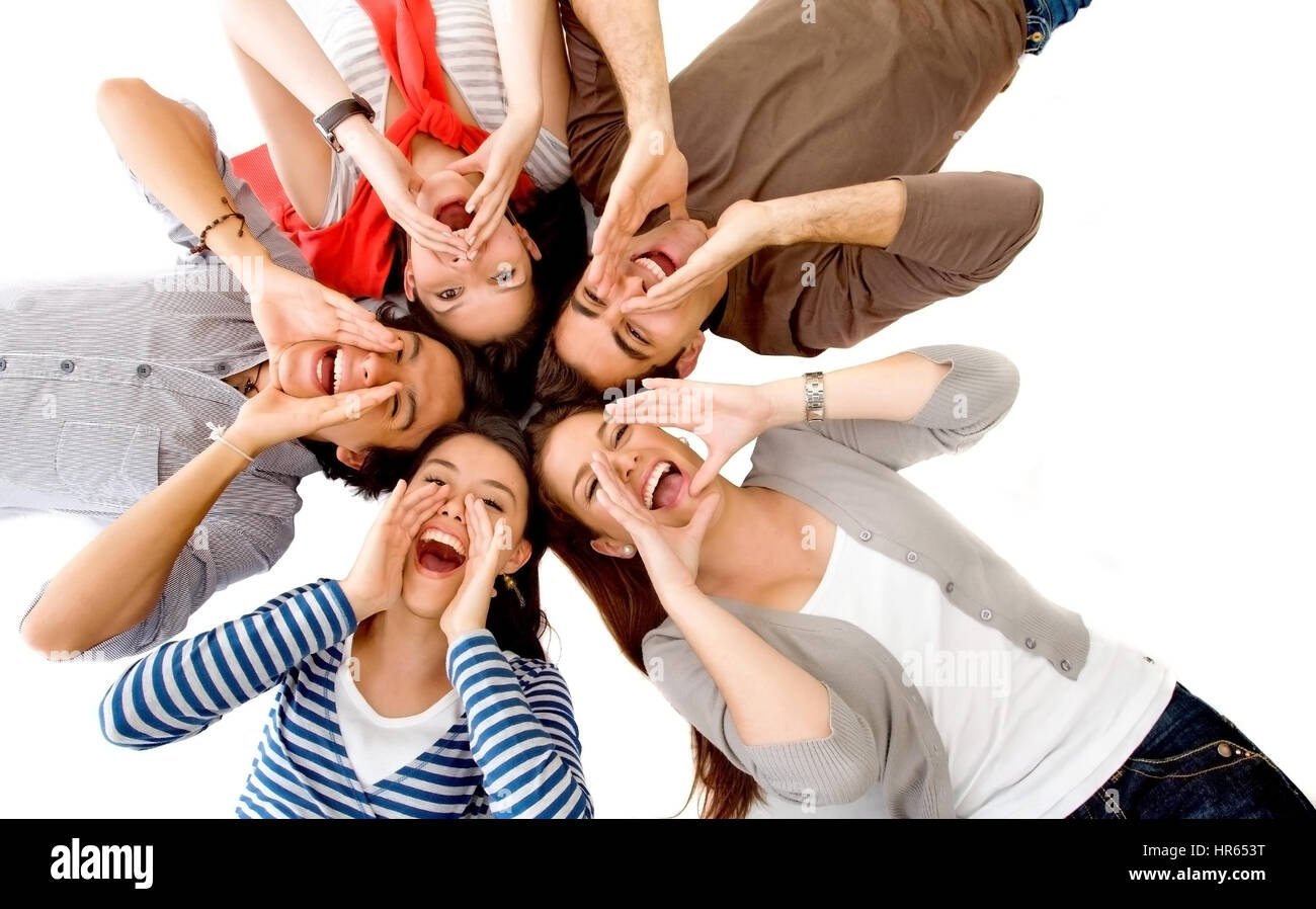 Friends shouting on the floor with their heads together isolated over a ...