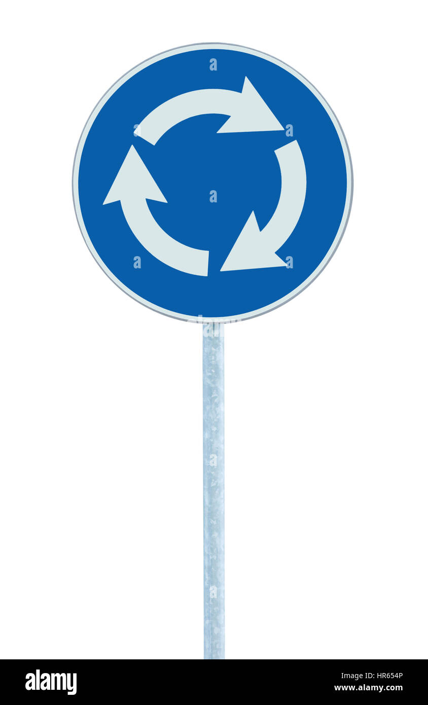 Roundabout crossroad road traffic sign isolated, blue, white arrows ...
