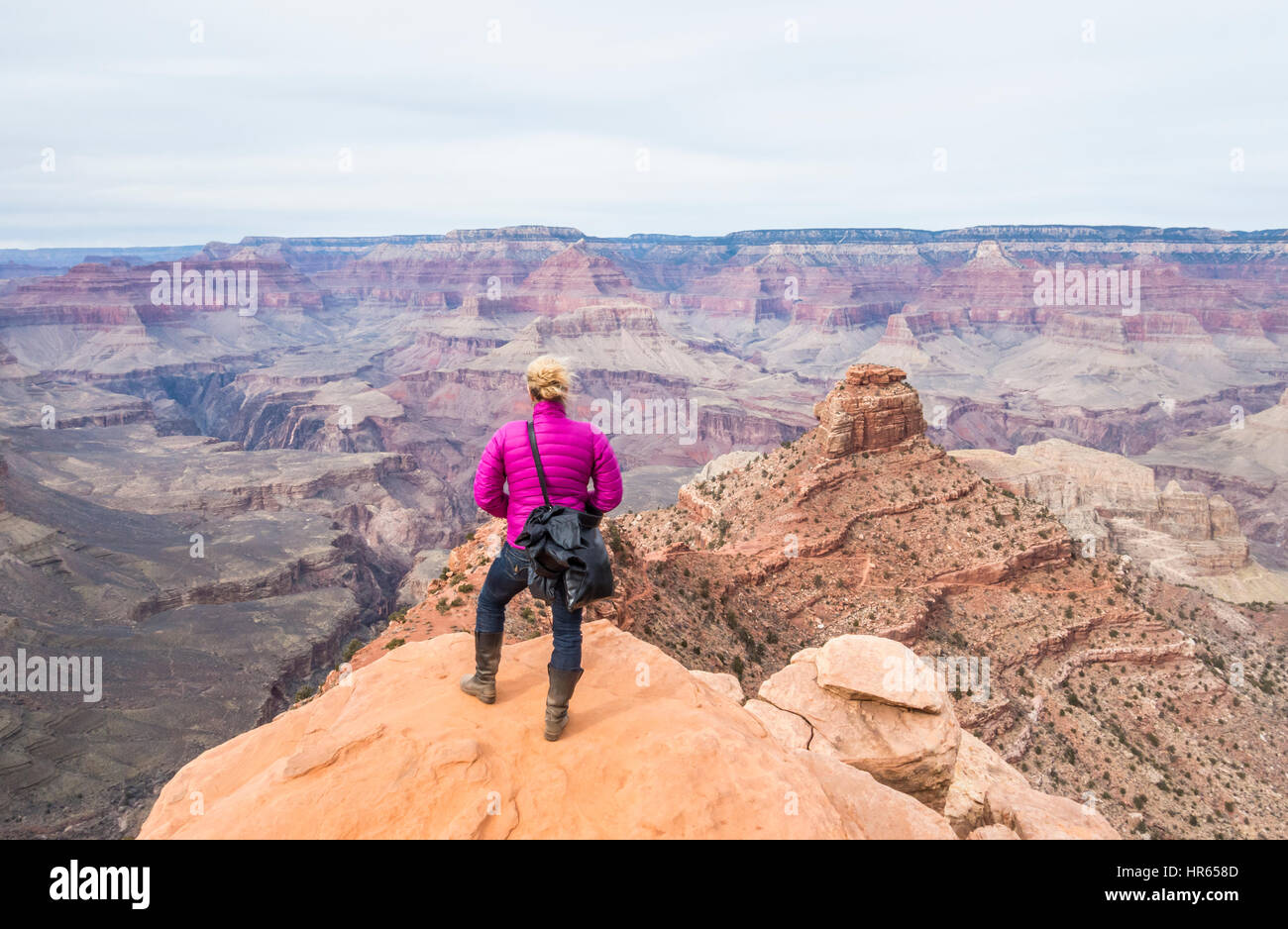 A woman standing at the edge of a precipice looking out at the Grand ...