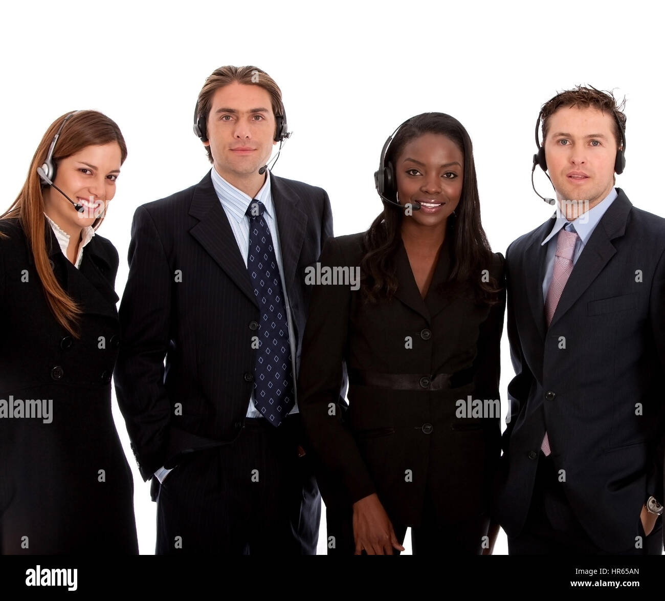 business customer support team with headsets isolated over a white ...
