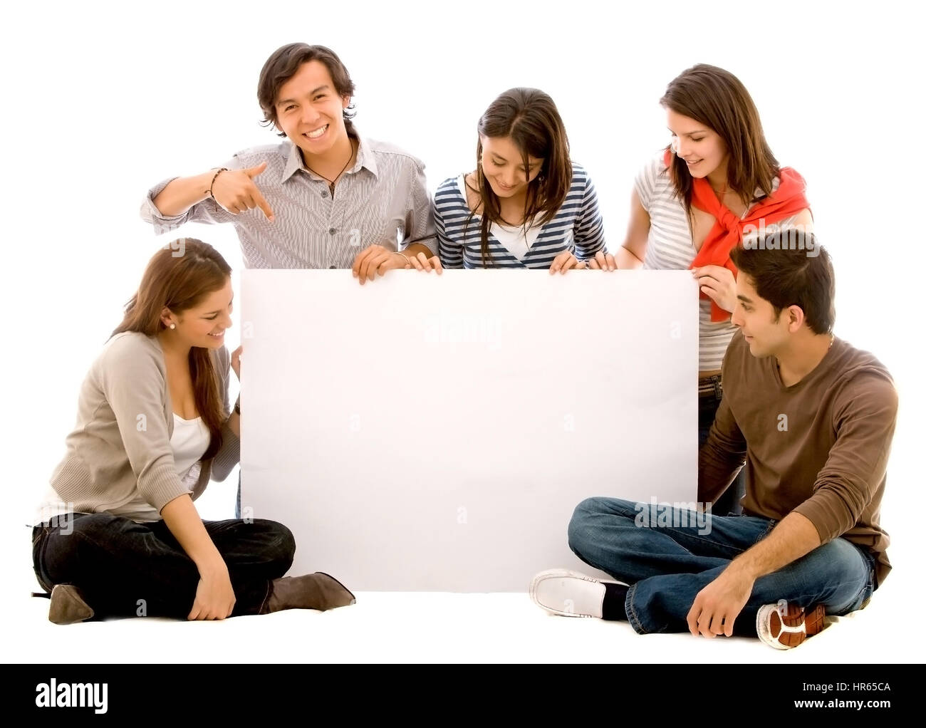 happy group of friends holding a banner ad Stock Photo - Alamy