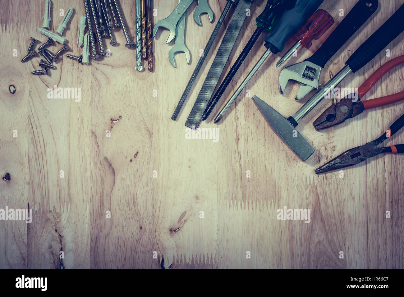 Set of different tools on wooden background Stock Photo - Alamy