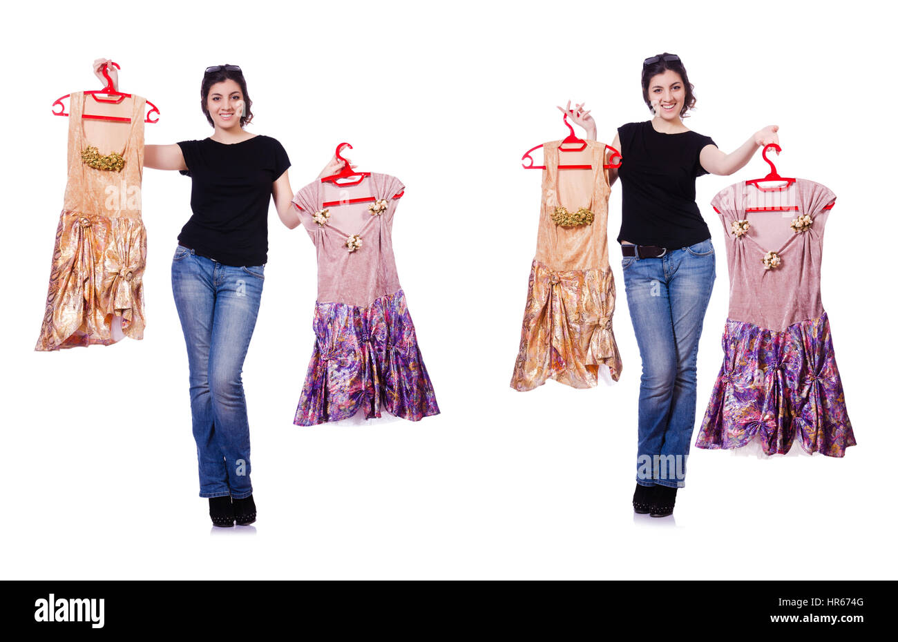 Woman trying to choose dress on white Stock Photo - Alamy