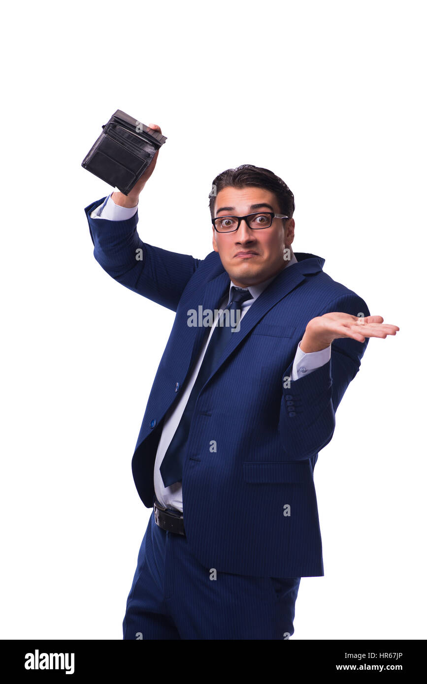 Bankrupt broke businessman with empty wallet on white background Stock ...
