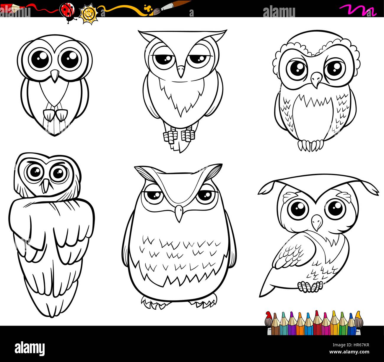 Black and White Cartoon Illustration of Owl Birds Animal Characters Set ...
