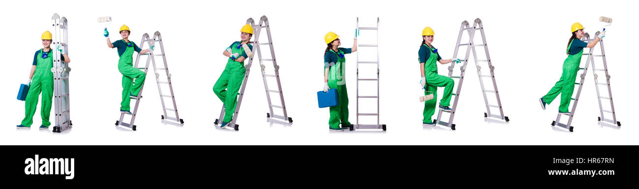 Female construction worker with toolkit and ladder Stock Photo - Alamy