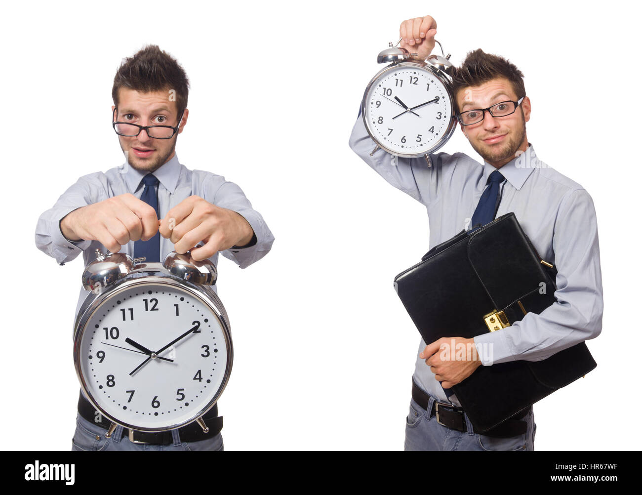 Collage of businessman with clock on white Stock Photo - Alamy