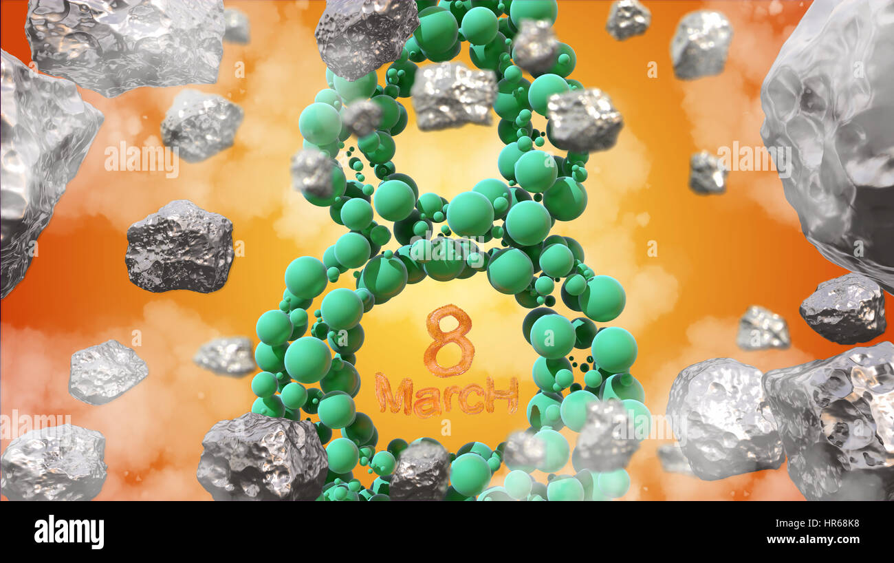 8 March symbol. Figure of eight made of green spheres flying in the ...