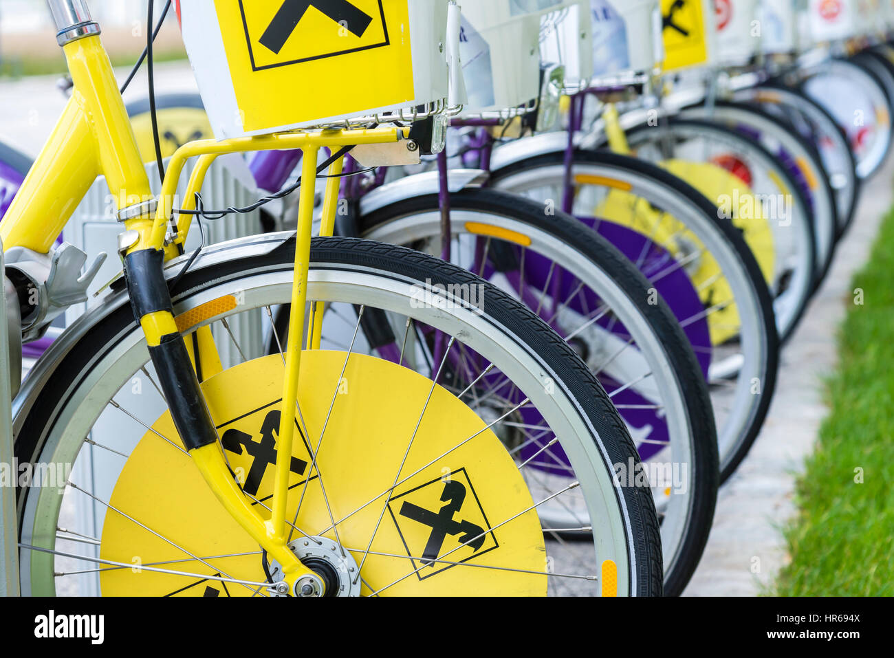 Yellow rental Citybikes are lined up ready for use in Vienna Austria ...