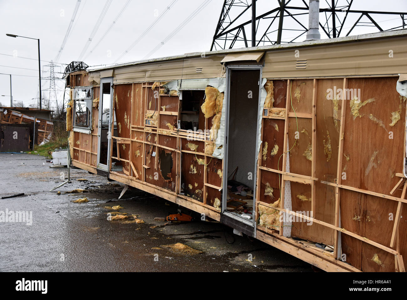 Travellers site, Tatton Road, Newport, South Wales. Smashed up caravans ...
