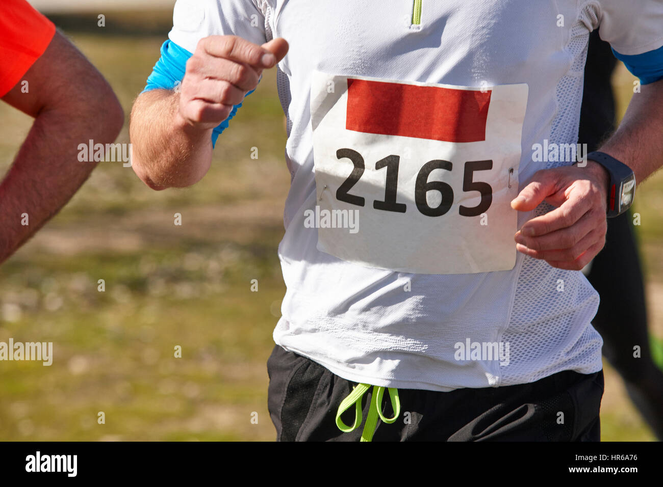 Male athletic runners on a cross country race. Outdoor circuit ...