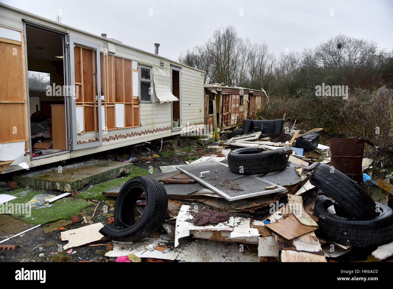 Travellers site, Tatton Road, Newport, South Wales. Smashed up caravans ...