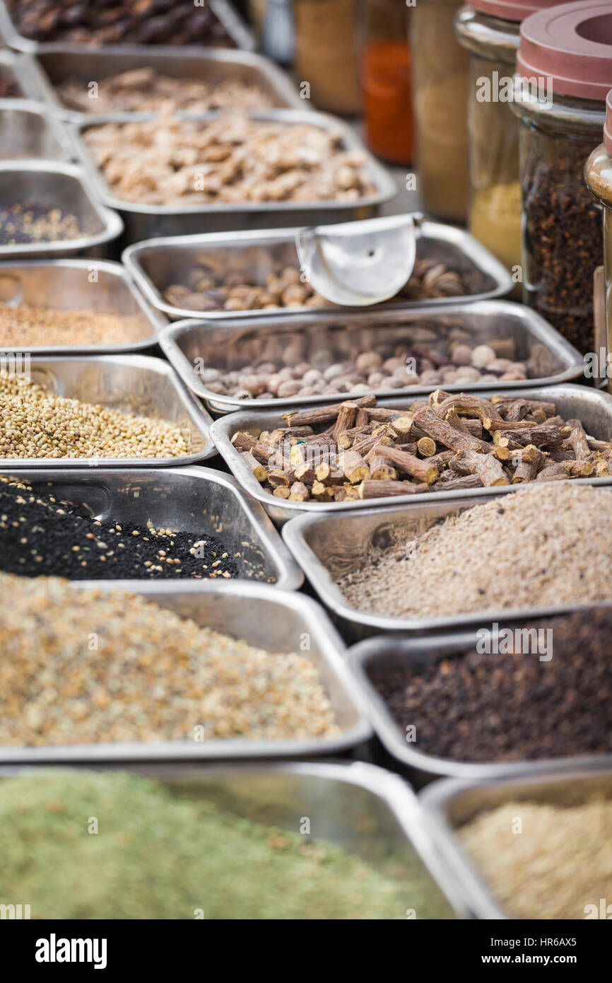Colorful spices powders and herbs in traditional street market in Delhi ...