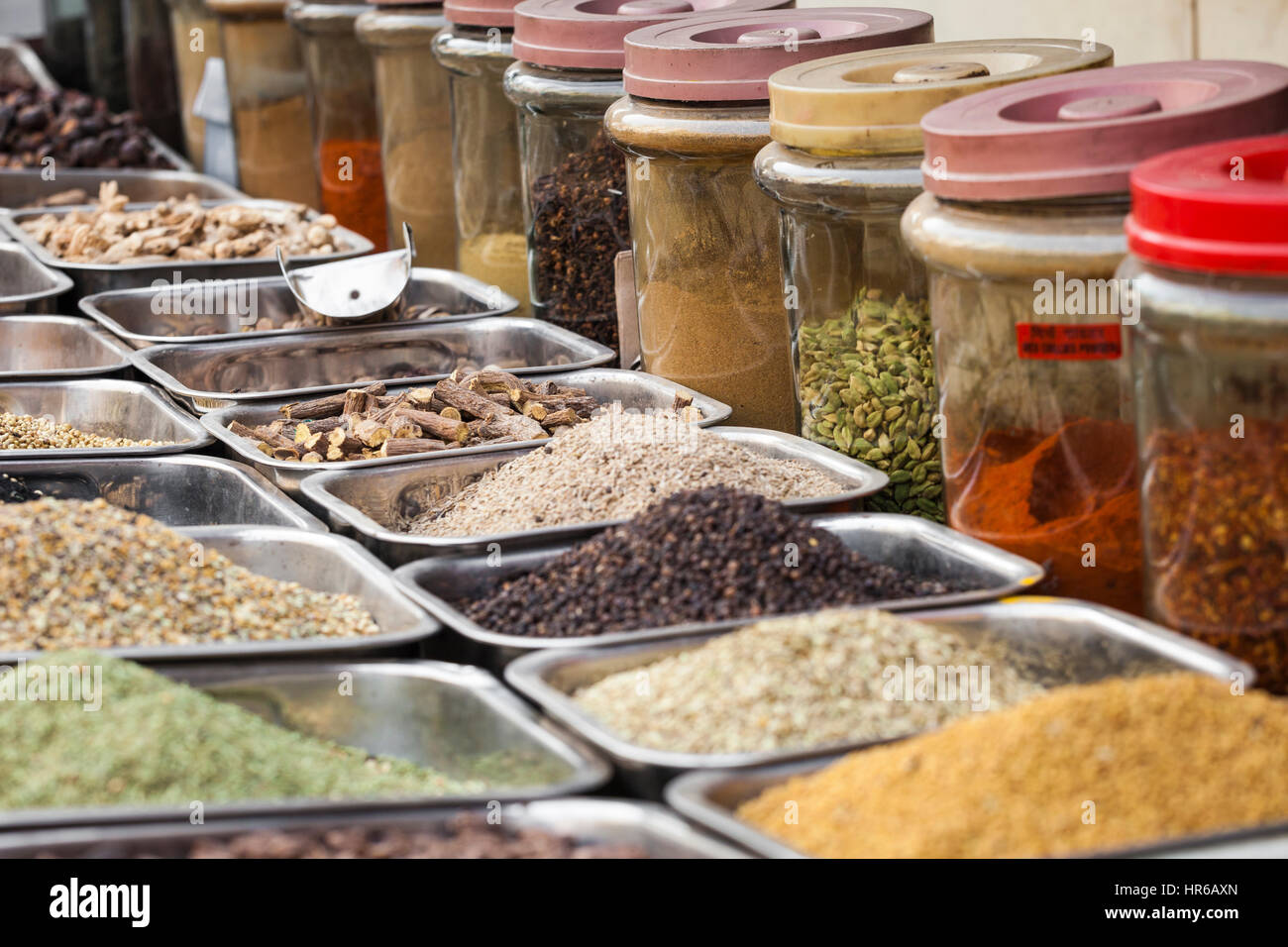 Colorful spices powders and herbs in traditional street market in Delhi ...