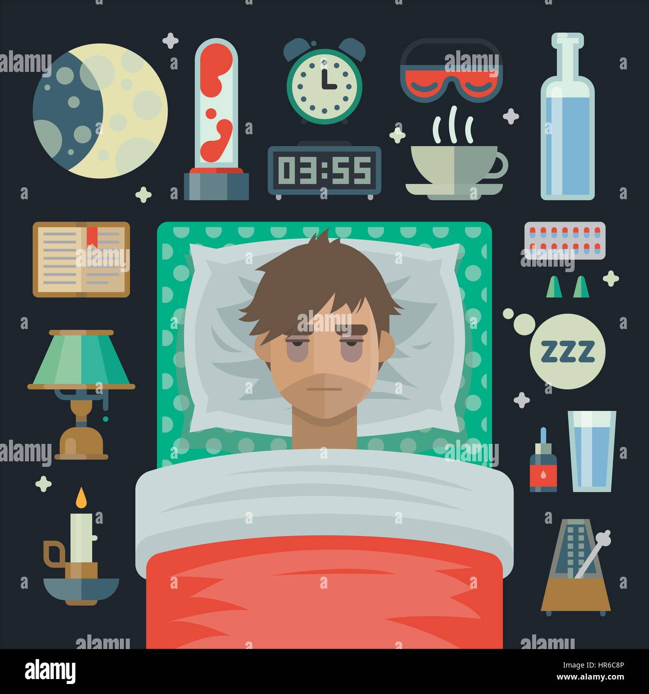 Young man with sleep problem insomnia and items Stock Vector Image ...