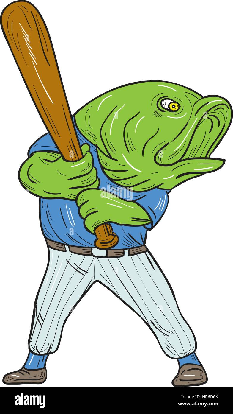 Illustration of a largemouth bass baseball player holding bat batting ...