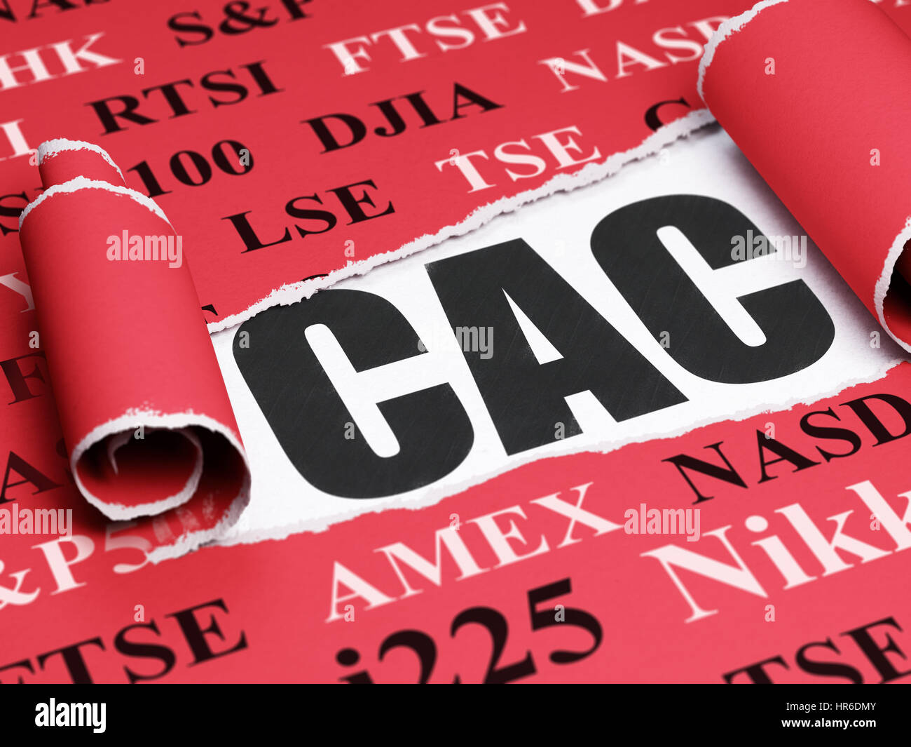 Stock market indexes concept: black text CAC under the piece of torn ...