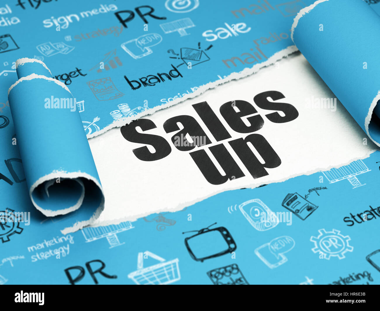 Advertising concept: black text Sales Up under the piece of torn paper ...