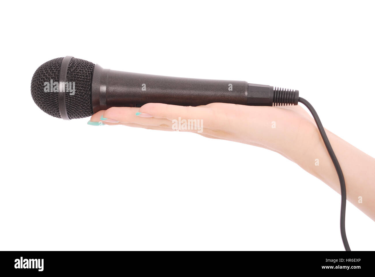 Hand with microphone isolated on white background Stock Photo - Alamy