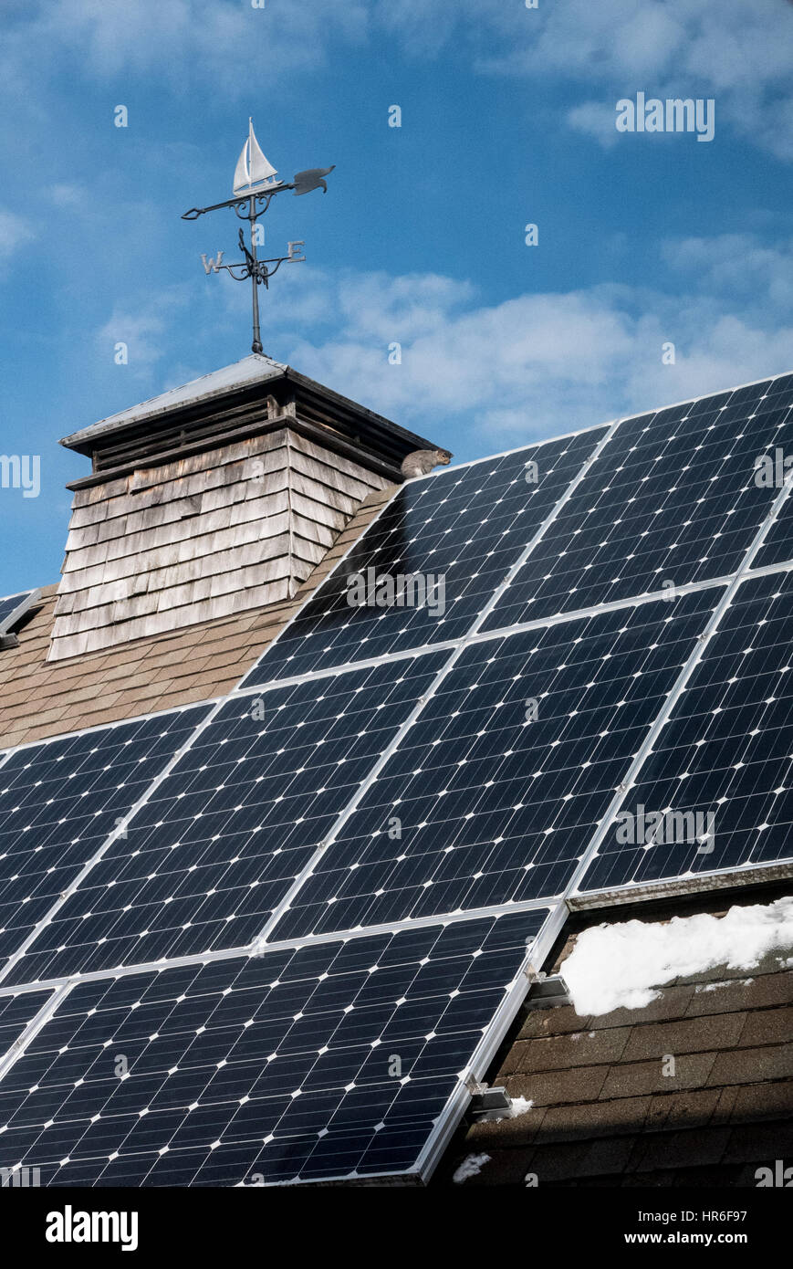 solar panels in winter with weather vane atop cupola - note squirrel ...