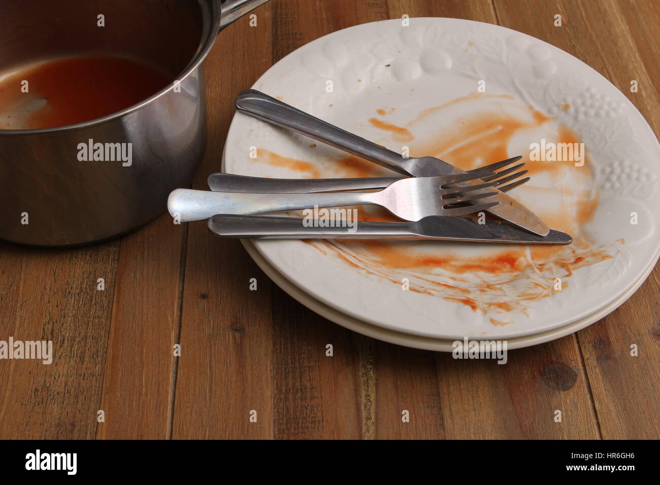 Dirty dinner plates and saucepan ready to be washed up Stock Photo - Alamy