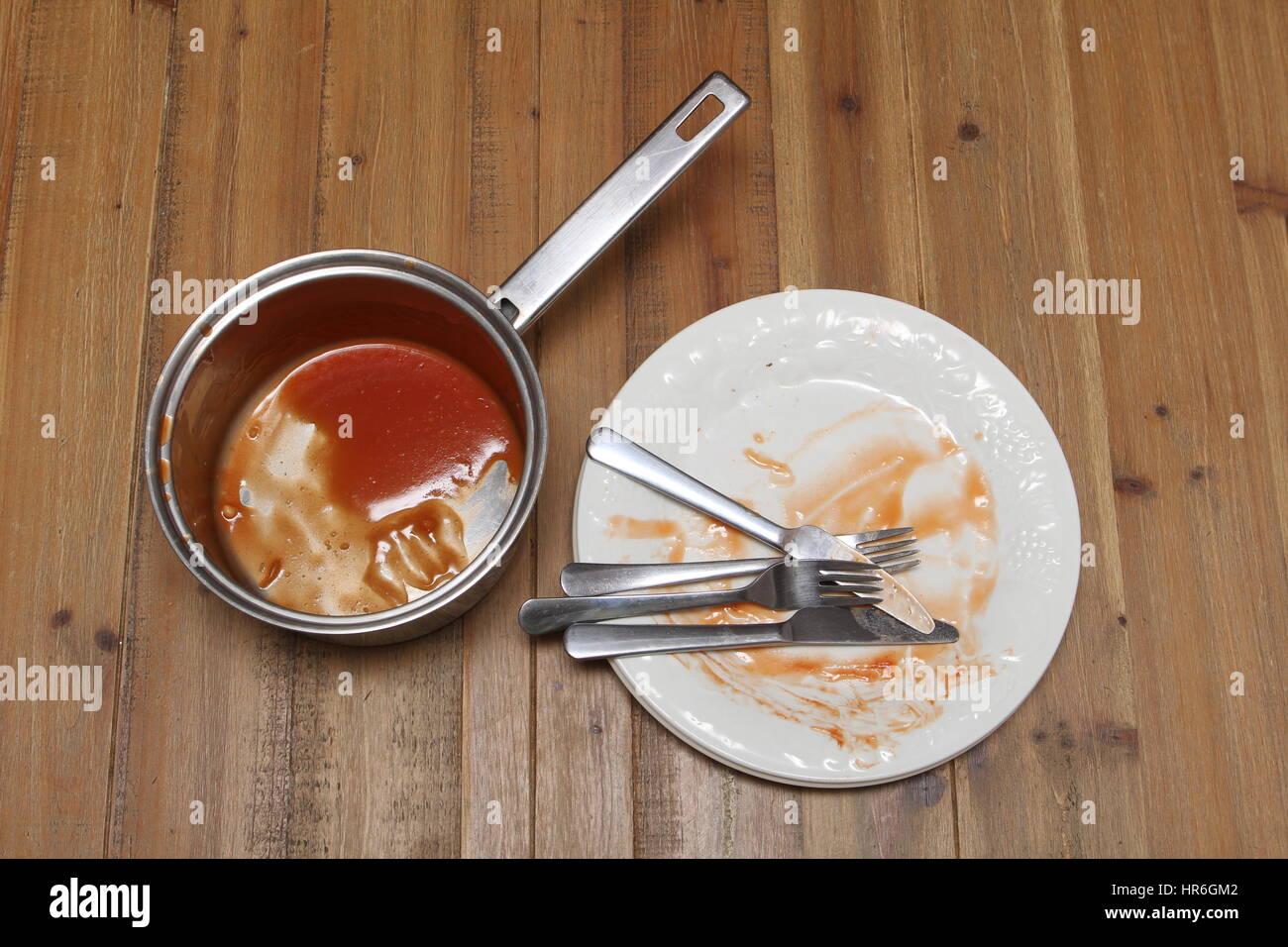 Dirty dinner plates and saucepan ready to be washed up. Overhead shot ...