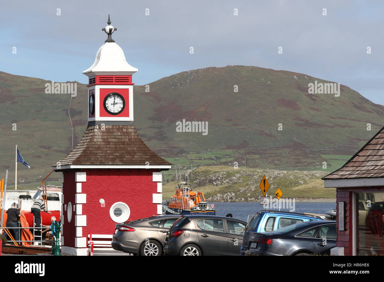 The clock tower at the harbour in Knightstown, Valentia Island, County ...