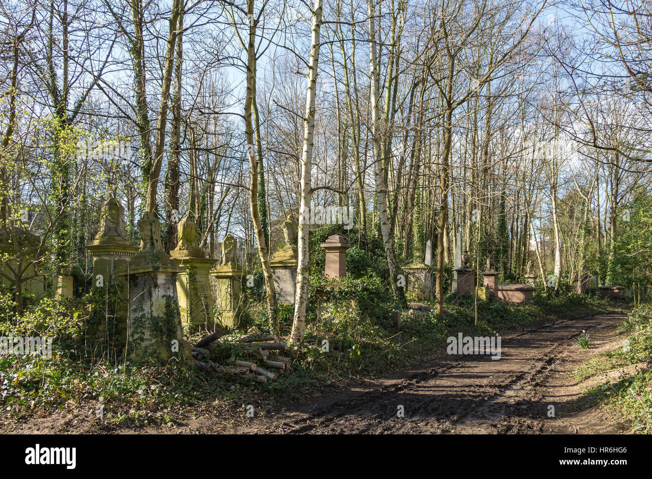A path alongside tombstones in Abney Park Cemetery in Stoke Newington ...