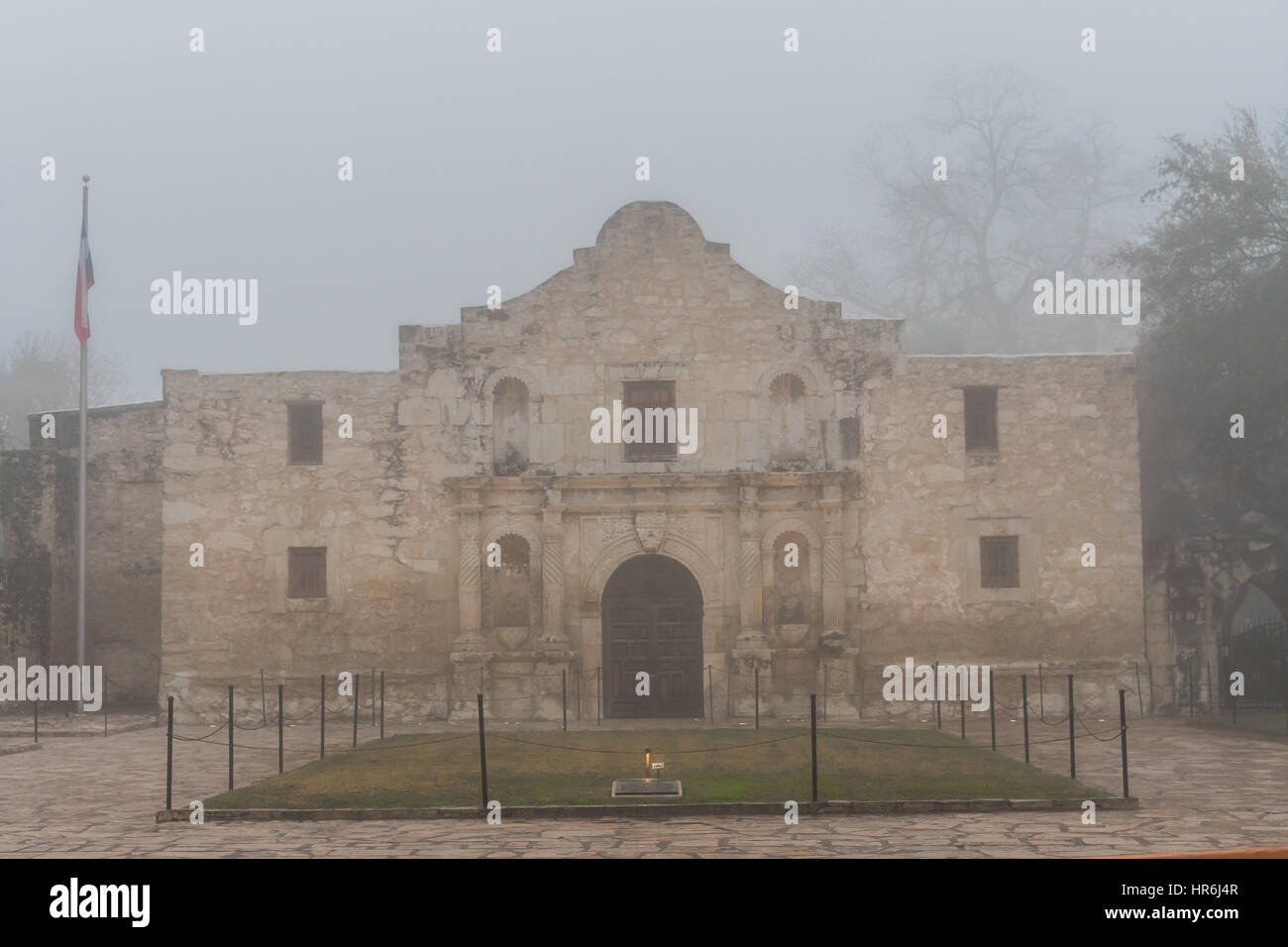 Front of The Alamo on Foggy Morning before tourists come out to explore ...