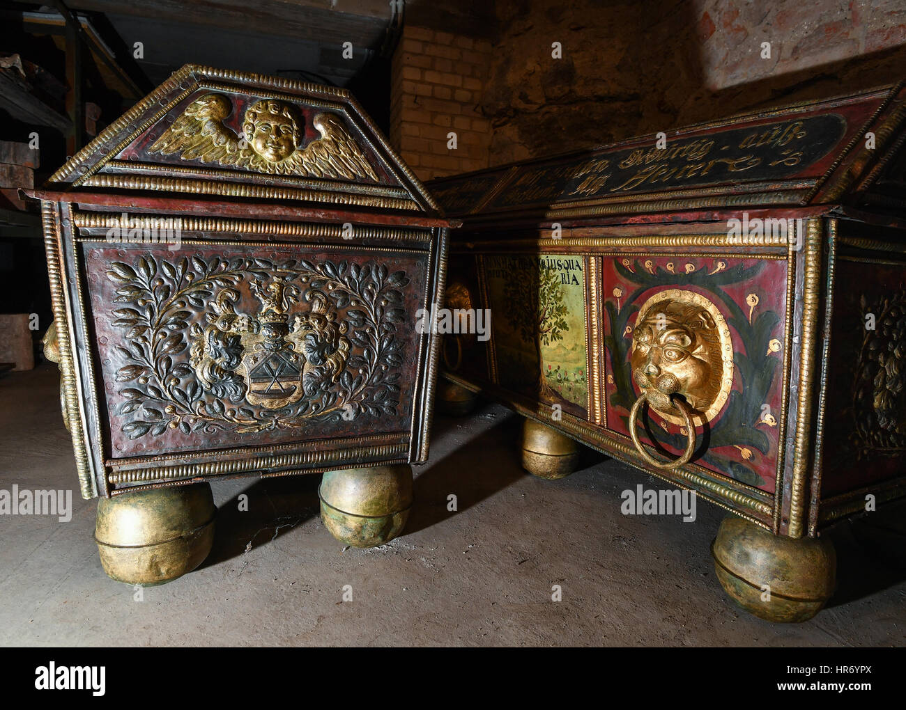 In the cellar of the Marienkirche church the 17th century coffins of ...