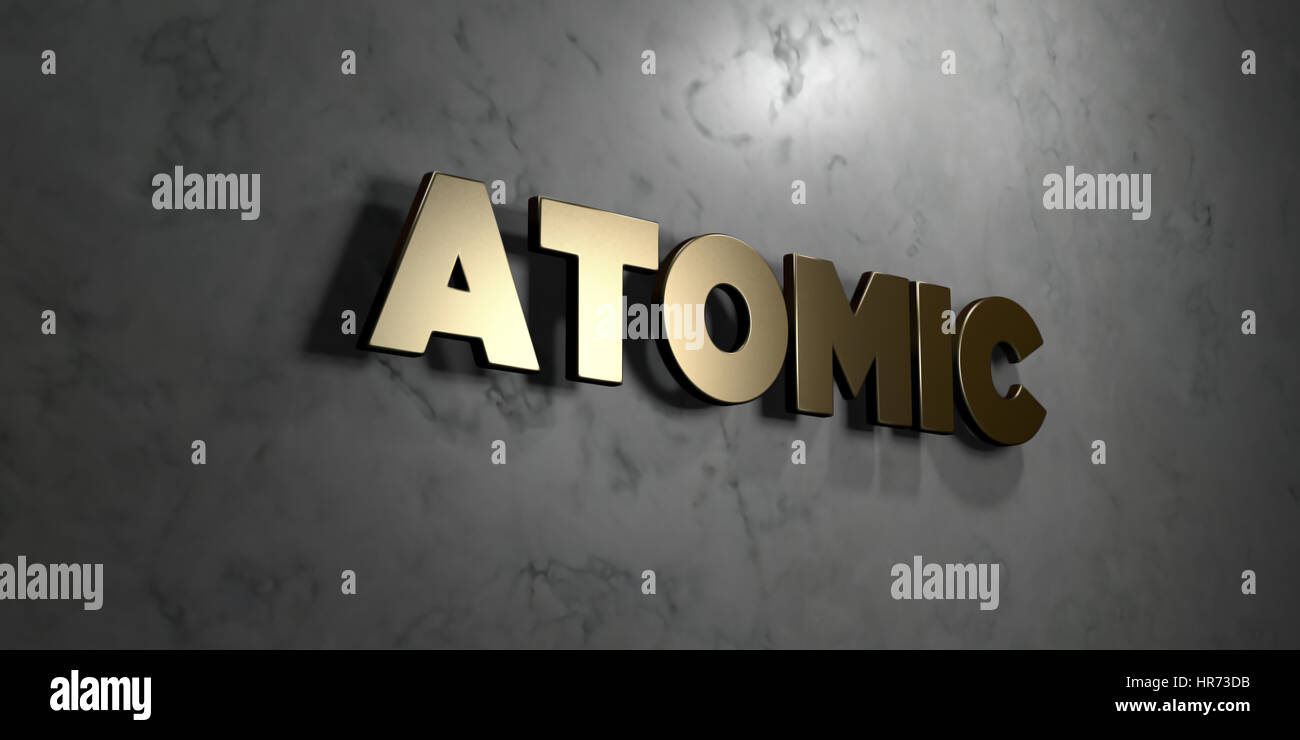 Atomic - Gold sign mounted on glossy marble wall - 3D rendered royalty ...