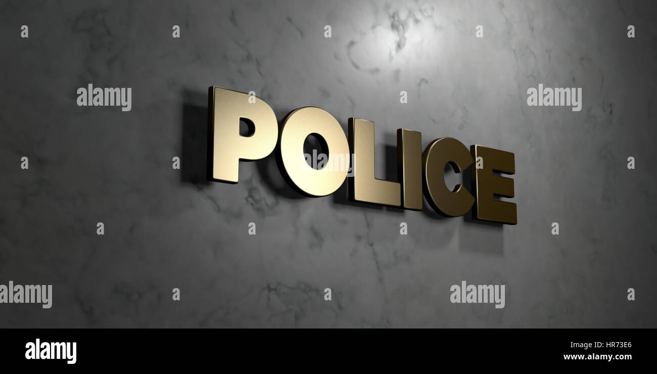 Police - Gold sign mounted on glossy marble wall - 3D rendered royalty ...