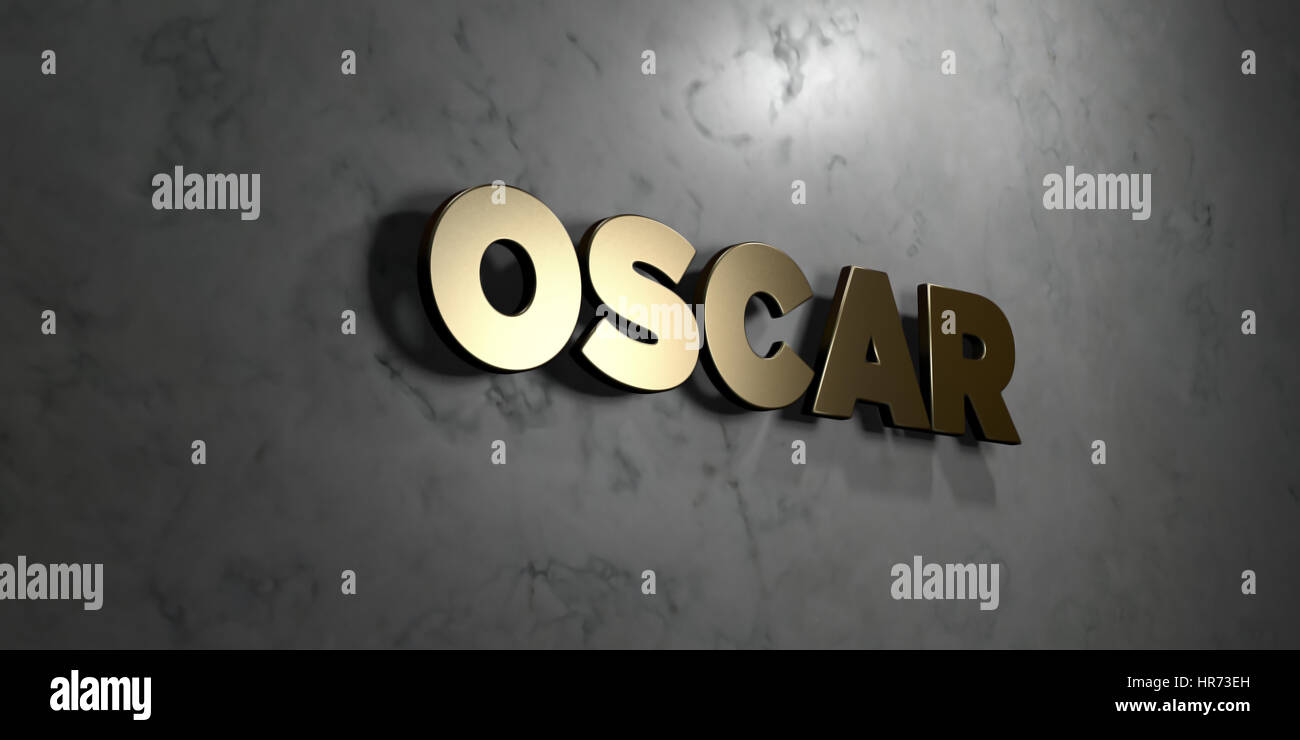 Oscar - Gold sign mounted on glossy marble wall - 3D rendered royalty ...