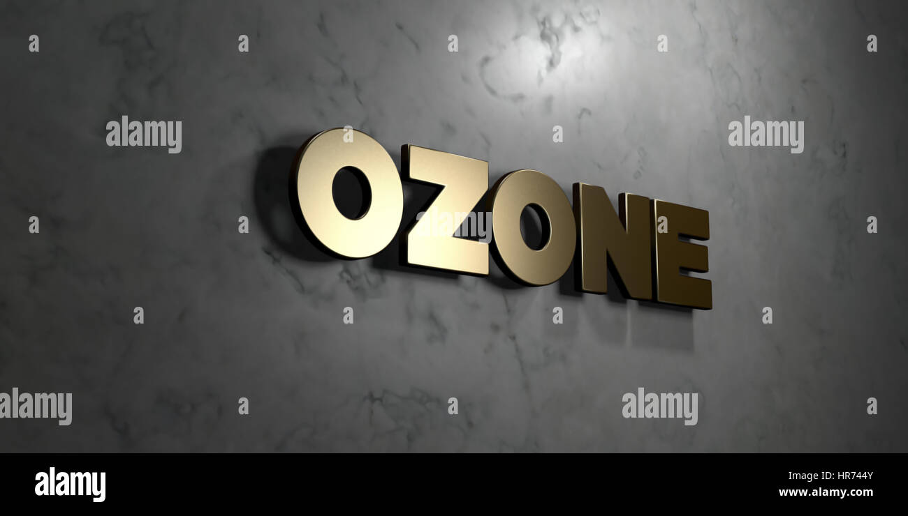 Ozone - Gold sign mounted on glossy marble wall - 3D rendered royalty ...