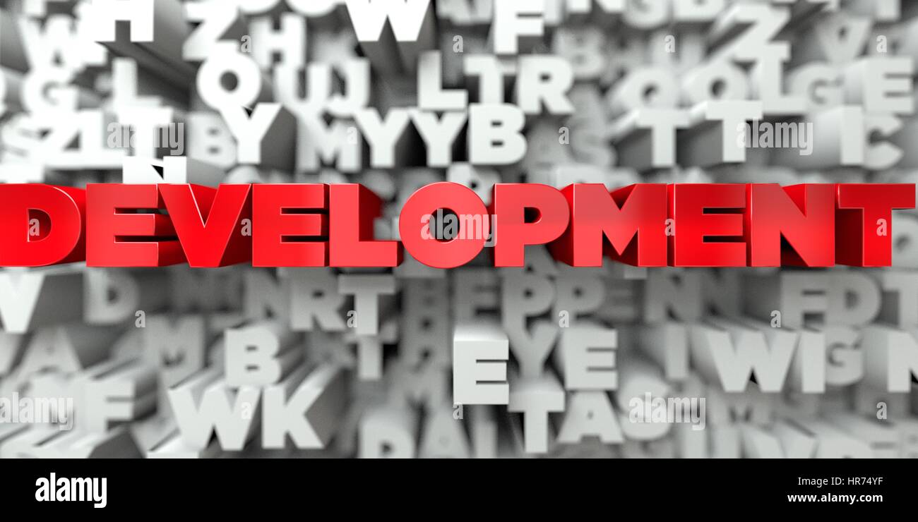 DEVELOPMENT - Red text on typography background - 3D rendered royalty ...