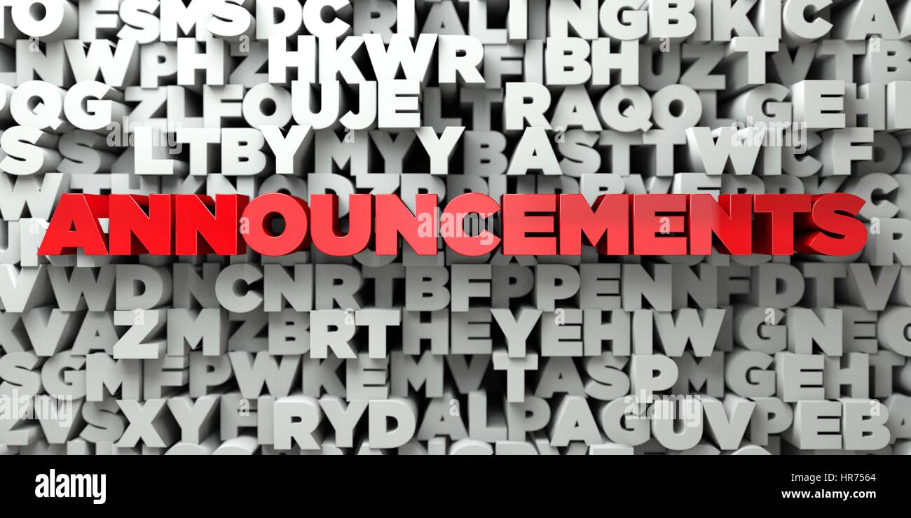ANNOUNCEMENTS - Red text on typography background - 3D rendered royalty ...