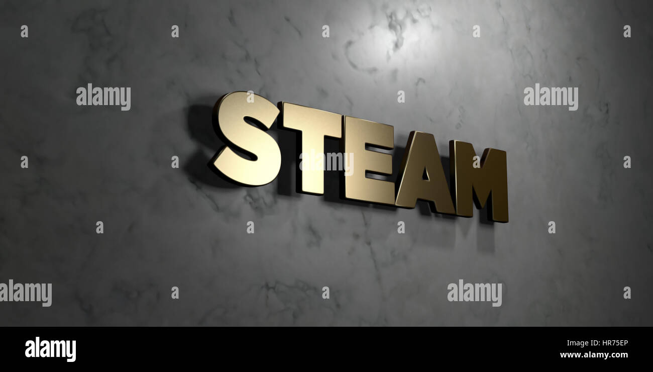 Steam - Gold sign mounted on glossy marble wall - 3D rendered royalty ...