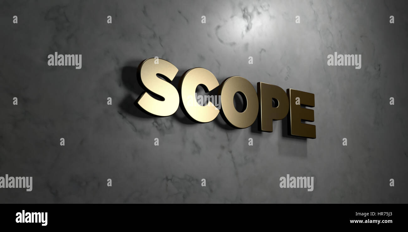 Scope - Gold sign mounted on glossy marble wall - 3D rendered royalty ...
