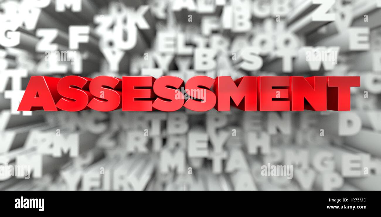 ASSESSMENT - Red text on typography background - 3D rendered royalty ...