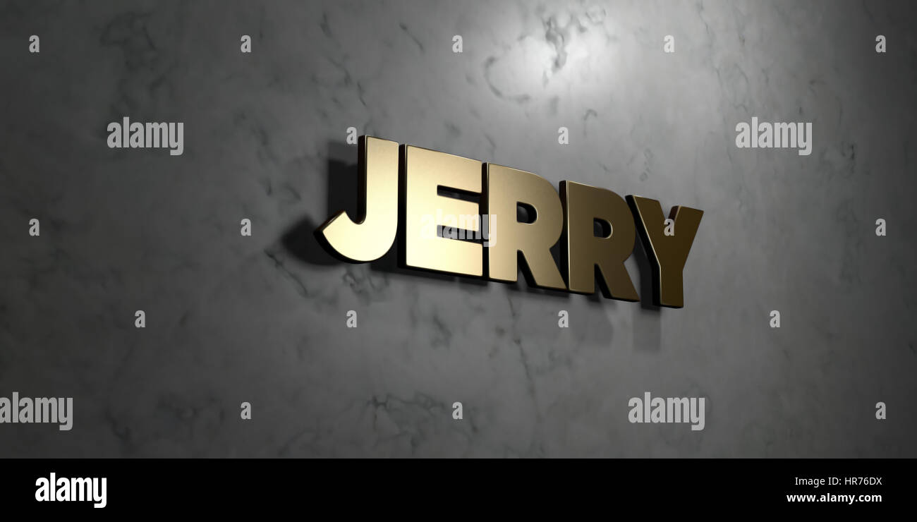 Jerry - Gold sign mounted on glossy marble wall - 3D rendered royalty ...